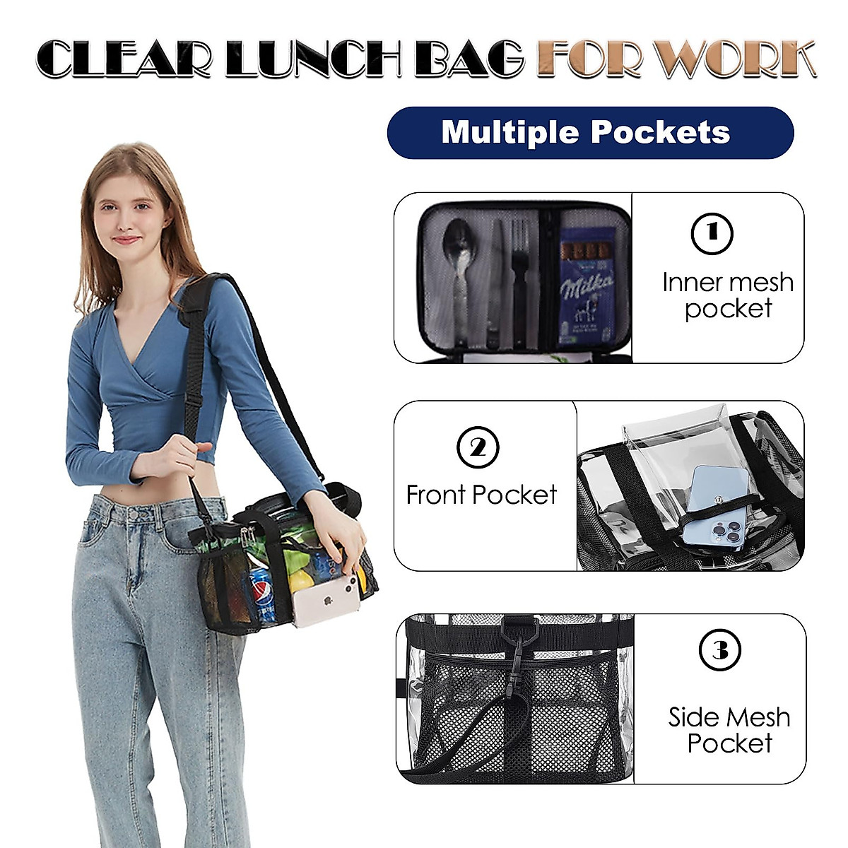 DST Gainbow Clear Lunch Bags For Work, 24-Can Large Transparent Lunch Bag Stadium Approved, Clear Tote Bag with Adjustable Strap and Front Pocket for Men Women(12"x 9" x 9" Black)