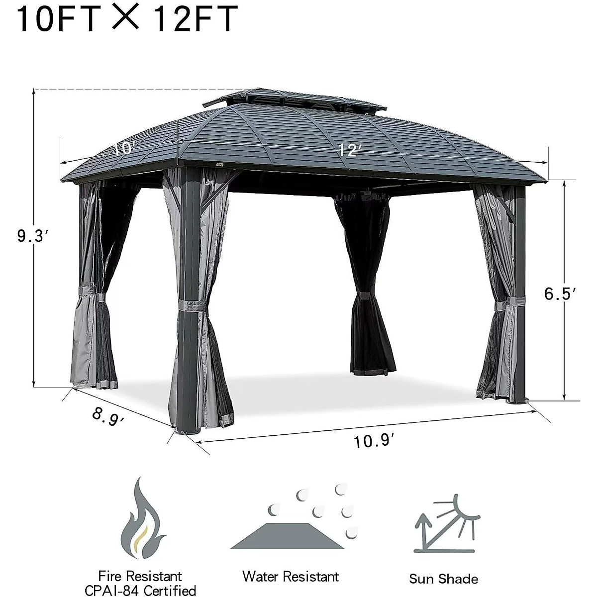 Domi 10'x12' Hardtop Gazebo Arc Canopy,Outdoor Aluminum Gazebo with Galvanized Steel Double Roof,Curtain and Netting,Permanent Gazebos Pavilion for Patio Deck,Backyard,Gray