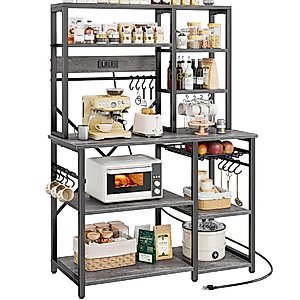 SUPERJARE Large Bakers Rack with Power Outlets, 6-Tier Microwave Stand, Coffee Bar with 12 S-Shaped Hooks, Kitchen Shelf with Wire Basket, 39.3 x 15.5 x 66.9 Inches, Charcoal Gray