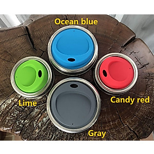 THINKCHANCES Reusable Food Grade and BPA Free Silicone Sip Coffee Juice Drinking Lid Kit with Stainless Steel Rings for Mason, Ball, Canning Jars, Pack of 4 Sets (Wide Mouth,Oval Drinking Hole)