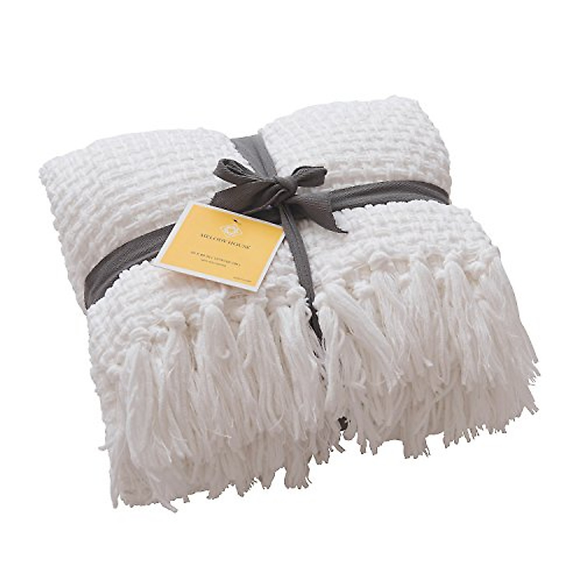 Melody House Super Soft Woven Plaid Pattern Throw, Decorative Throw Blanket with Tassels, 50x60, Bright White