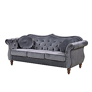 Container Furniture Direct Anna1 Velvet Upholstered Classic Nailhead Chesterfield Living Room, Sofa, Standard Gray