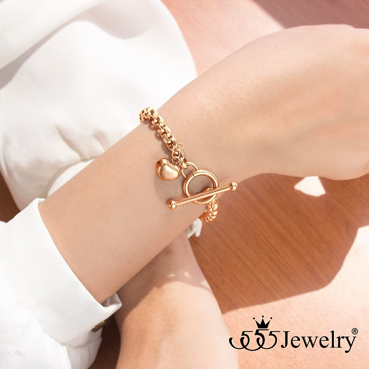 555Jewelry 5mm Stainless Steel Puffed Heart Charm Box Chain Bracelets for Women, T Toggle Clasp ‎Bracelets for Women, Heart Bracelets for Girls, Womens Heart Bracelets, 7 Inch, Rose Gold