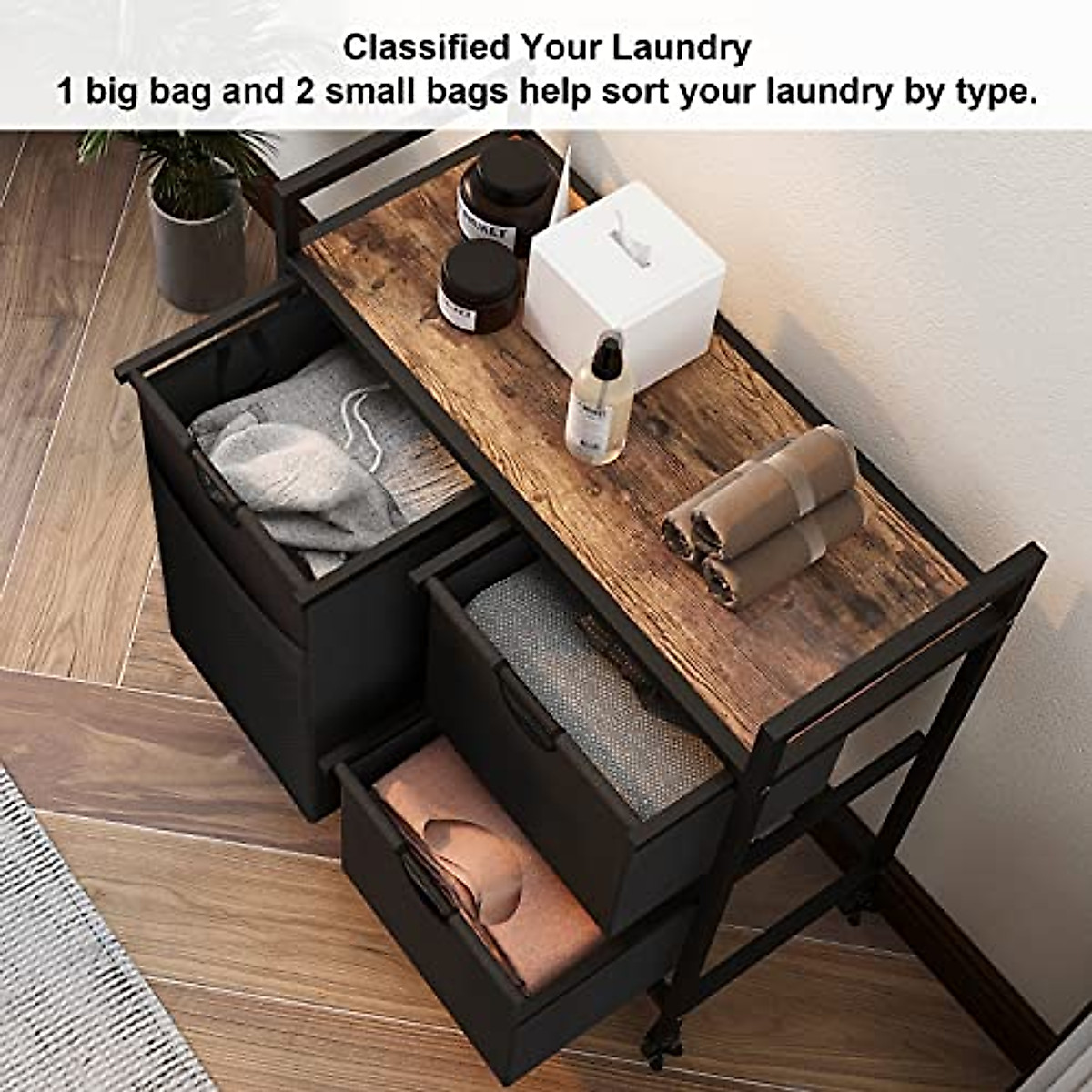 Tohomeor Laundry Sorter with 3 Laundry Basket Rolling Laundry Hamper Cart with Wheels Sliding Pull Out and Removable Laundry Basket Bags for Laundry Room Bathroom Bedroom (Rustic Brown)