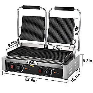 Happybuy 110V Commercial Sandwich Panini Press Grill 2X1800W Temperature Control 122°F-572°F Commercial Panini Grill for Hamburgers Steaks Bacons (Double Grooved Plates）