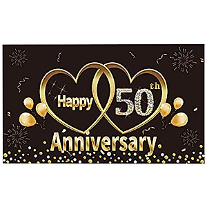 Kauayurk Happy 50th Wedding Anniversary Banner Backdrop Decorations, Black Gold 50 Anniversary Party Poster Supplies, Extra Large 50 Year Anniversary Photography Decor