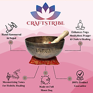 CRAFTSTRIBE 8" Large Hand Hammered Himalayan Full Moon Singing Bowl Meditation Healing Bowl With Mallet And Silk Cushion