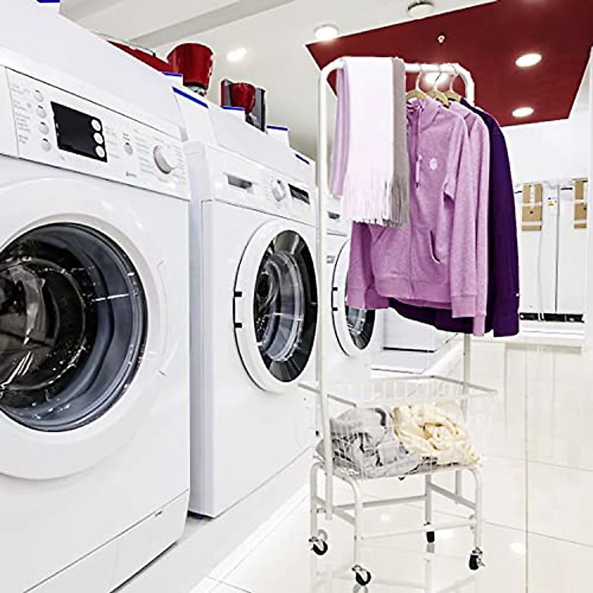 Rolling Laundry Hamper Basket Cart with Wire Storage Rack and Hanging Rack White