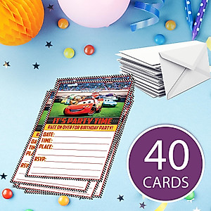 Set of 40 Cars Themed Happy Birthday Invitation Cards - Lightweight (230g), Postcard Style Invites for the Perfect Party Pack