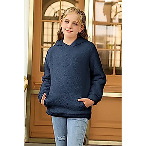 Haloumoning Girls Fuzzy Fleece Pullover Hoodies Sweatshirt Casual Loose Outwear Coat with Pockets 4-15 Years