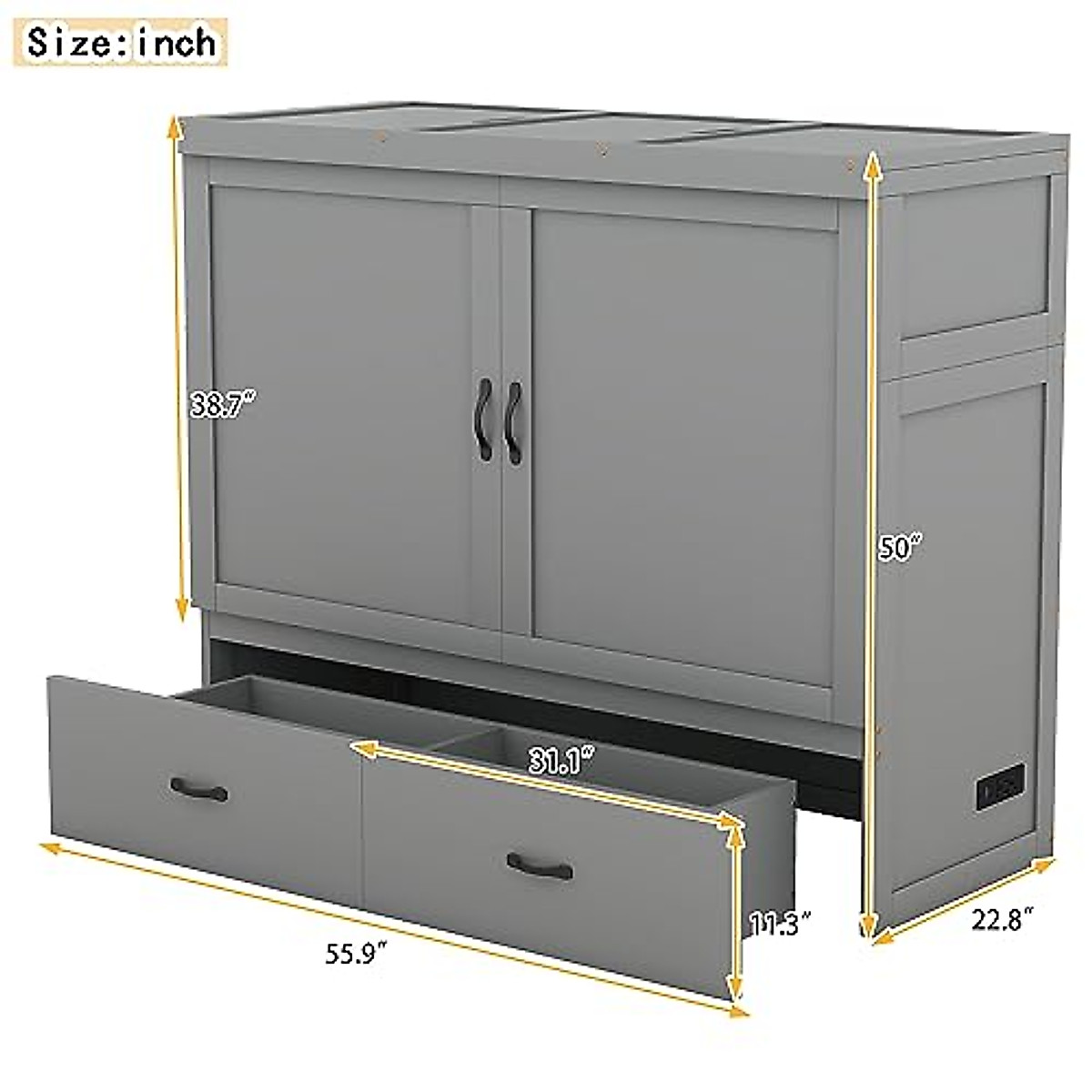 Full Size Murphy Bed with USB Port and Storage Drawers, Wood Full Platform Bed Frame with Charging Station, Full Murphy Bed for Bedroom Murphy Bed Cabinet Murphy Chest Bed (Gray)