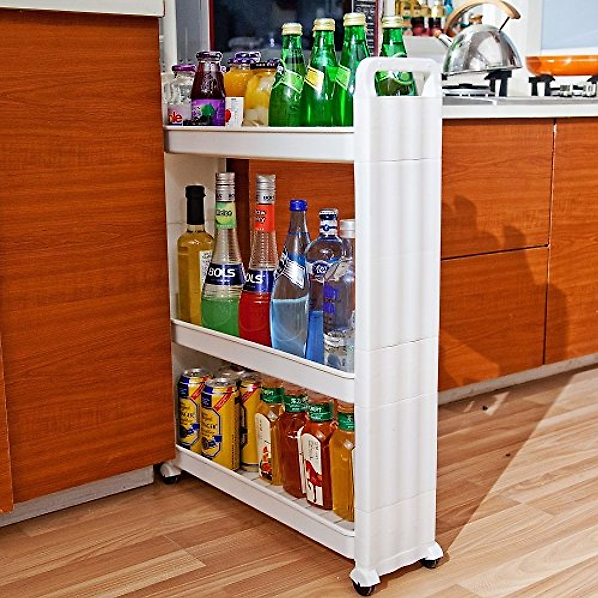 BAOYOUNI Slim Rolling Cart Between Washer Dryer Cabinet Storage Shelf Rack Narrow Slide Out Tower Organizer Space Saving Shelving Units with Wheels (3-Tier)