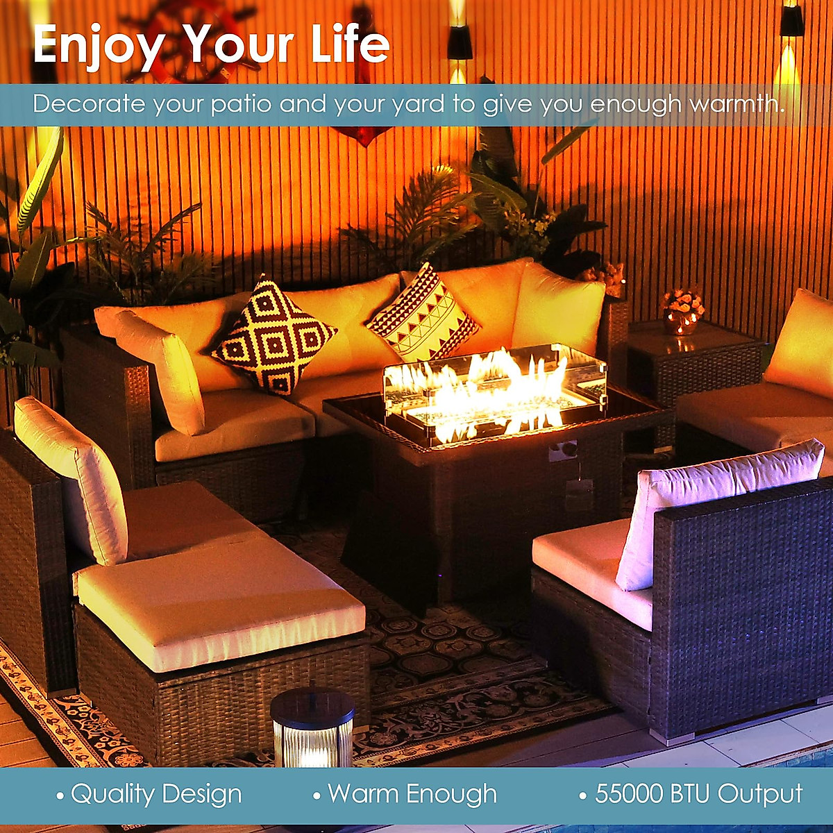 RADIATA PE Wicker Patio Furniture Set Sectional High Back Large Size Sofa Sets with Propane Fire Pit Table 55000 BTU Balcony Rattan Lounge Conversation Sets for Outdoor (17 Pieces,Light Gray)