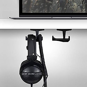 BRAINWAVZ BigJ Under Desk Headphone Stand (2 Pack) Hanger Holder Mount for Headphones, Gaming Headsets, Mobiles Accessories, Stick On, No Screws (Black)