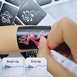 Ponhey Temporary Tattoo Markers, 10 Body Markers + 67 Large Tattoo Stencils for Kids and Adults, Skin-safe and Coloured Ink Double-ended Tattoo Pens Make Bold and Fine Lines for Body and Facial Art
