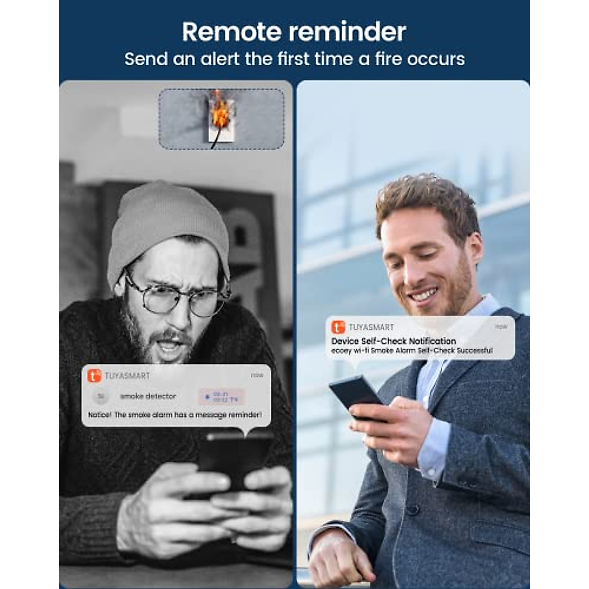 Ecoey WiFi Smoke Detector, WiFi Smoke Alarm with Photoelectric Technology and LED, Smoke Alarm with Test&Silence Function and Low Battery Warning for Home (Not 5G), TUYA APP, FJ158D-H04, 2 Packs