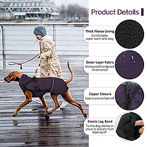 BRKURLEG Purple Dog Coat with Harness Detachable,Small Medium Large Dog Winter Clothes with Furry Collar,Pet Warm Snow Suit Jacket with Reflective,Waterproof Cold Weather Doggy Fleece Cozy Vest Hiking