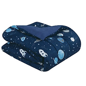 MISC Navy Kids Outer Space Comforter Set Full, Spaceship Bedding Galaxy Saturn Earth Planet Star Sun Rocket Stardust Spaceship Astronomy Themed Universe Outerspace Adventure Blue 4 Piece, Microfiber