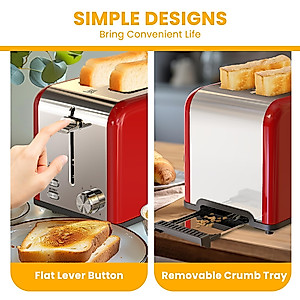 Simple Deluxe 2-Slice Toaster, Stainless Steel Toaster, 6 Browning Setting and 3 Function, Extra Wide Slot & Removable Crumb Tray, for Bread & Waffle, Red