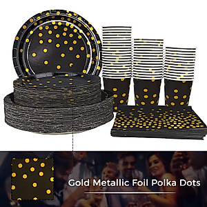 Black and Gold Party Supplies - 200PCS Disposable Black Paper Plates Dinnerware Set Gold Dots 50 Dinner Plates 50 Dessert Plates 50 Cups 50 Napkins Wedding Birthday Party Baby Shower Christmas