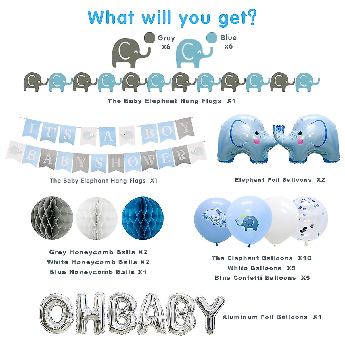 ADLKGG Baby Shower Decorations for Boy Elephant - Elephant Garland, It's A Boy Baby Shower Banners, Oh Baby Balloons, Elephant Balloons, Confetti Balloon, Paper Honeycomb Balls - Blue