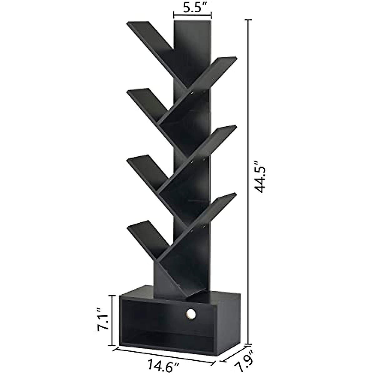 Hoctieon 6 Tier Tree Bookshelf, 6 Shelf Bookcase with Drawer, Free Standing Tree Bookcase, Display Floor Standing Shelf for Books, Book Organizer Shelves for Home Office, Black