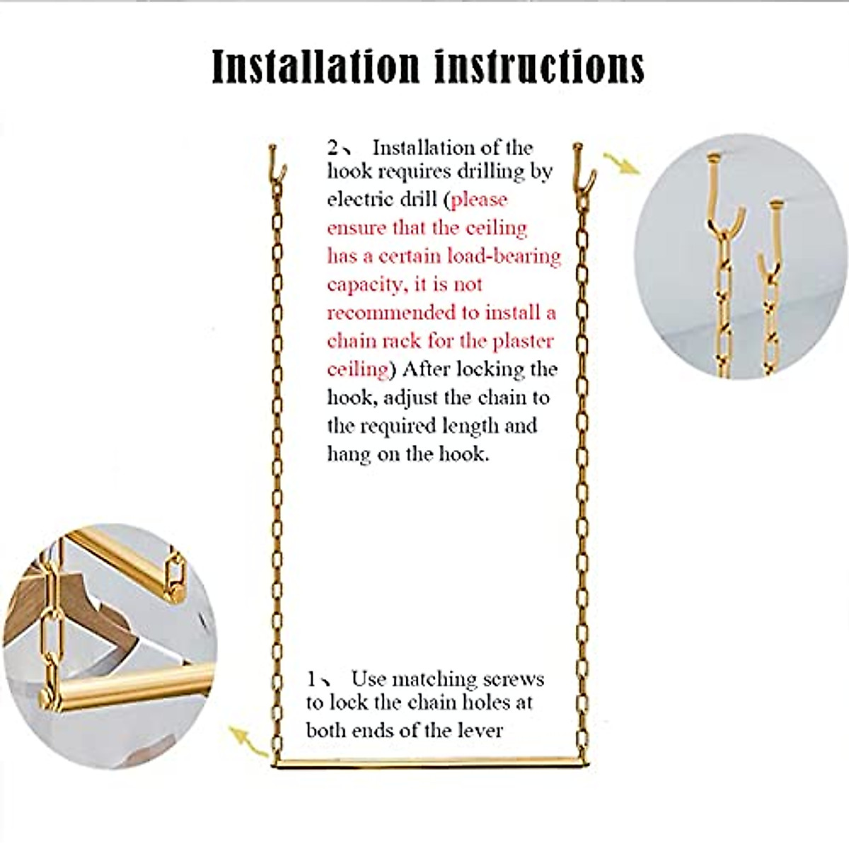 MDEPYCO 2 Pcs Height Adjustable Metal Chain Clothing Hanging Racks,Creative Commercial Wedding Dress Display Shelf,Retail Store Metal Garment Rack,Ceiling Mount Clothes Storage Hanger (Gold, 24" L)