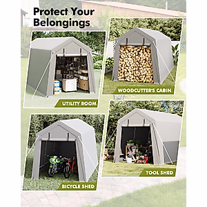 VORTEXTOVE Motorcycle Storage Sheds 7x15 FT, Portable Shed with Rolled up Zipper Door, Waterproof, Storage Tent Heavy Duty for Motorcycle, Bike, Firewood, Garden Tools, Grey