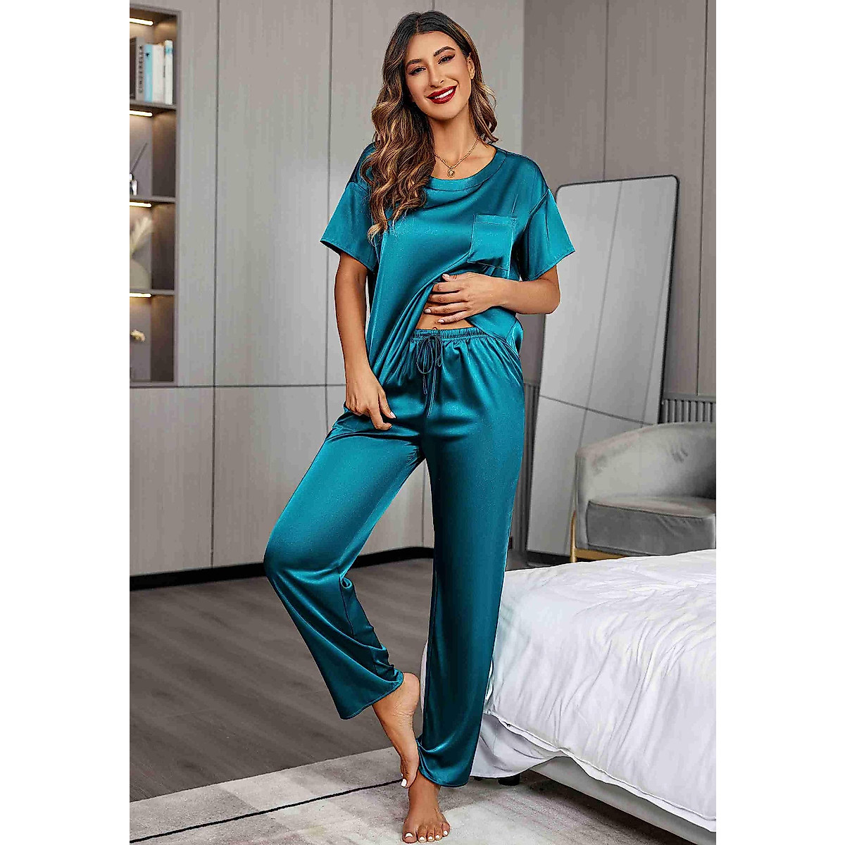 Ekouaer Womens Silk Satin Pajamas Set Two Piece Pj Sets Sleepwear Loungewear Short Sleeve Pj Sets Green
