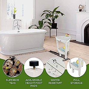 CoastalVogue Snazzy Corner Teak Shower Corner Bench Wood Corner Shower Seat Bench with Shelf 15" Wide Corner Shower Foot Stool in Antique White Finish