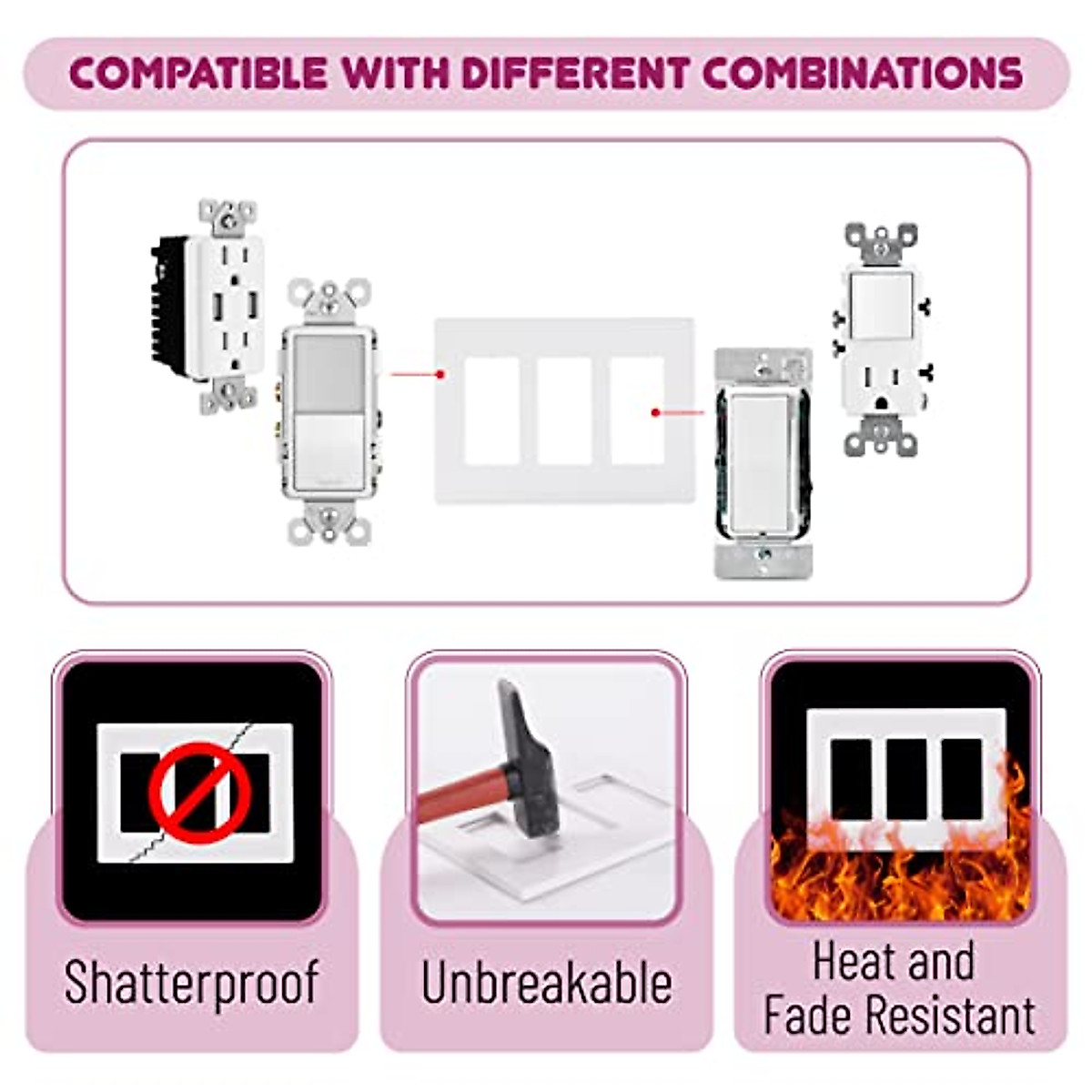 Bates- Screwless Decorator Wall Plates, Three Gang Switch Plate Covers, 3 Pack, Screwless Wall Plates 3 Gang, White Switch Plate Covers, Switch Cover Plate, Wall Switch Cover, Electrical Outlet Cover