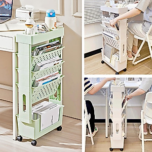 YEMUNY 5 Tier Rolling Utility Cart Multi-Functional Movable Storage Book Shelves with Lockable Casters for Study Office Kitchen Classroom, Light Green