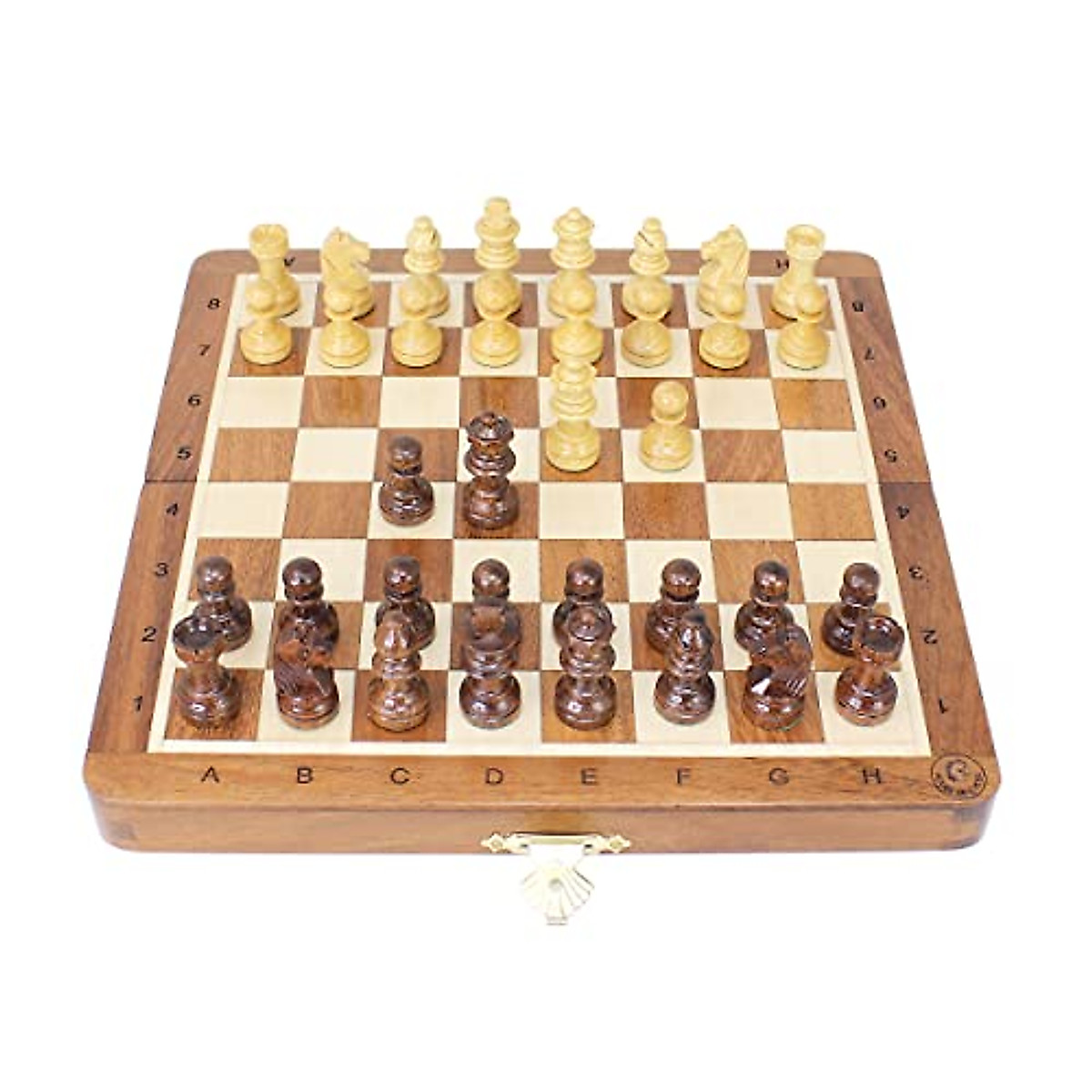 House of Chess - 8 Inch Wooden Magnetic Folding Travel Chess Set - Board with Algebraic Notation + 2 Extra Pawns & 2 Extra Queens- Handmade - Premium Quality