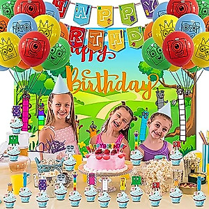 107 Pcs Number Blocks Birthday Party Supplies - Number Birthday Decorations Include Banner, Latex Balloons, Cake Topper, Cupcake Toppers, Backdrop, Stickers, Digital Themed Block Party Gift Sets