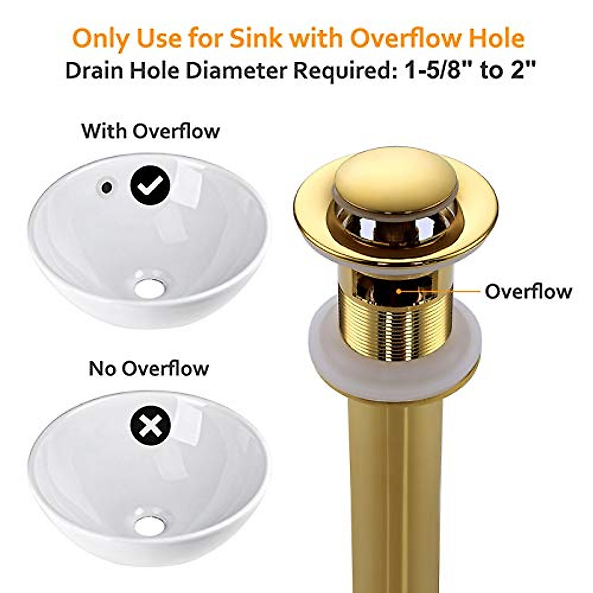 Bathroom Sink Drain Gold, Angle Simple Brass Pop Up Drain, Vanity Sink Stopper Drain Assembly, with Overflow
