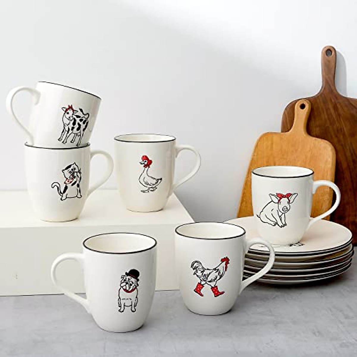 LEHAHA Farmhouse Coffee Mugs Set,16 OZ Animal Large Coffee Mugs with Handle, Set of 6, Christmas Porcelain Mugs/Cups for Coffee, Tea, Cocoa, Office and Home Use, Practical Gift, Assorted Design
