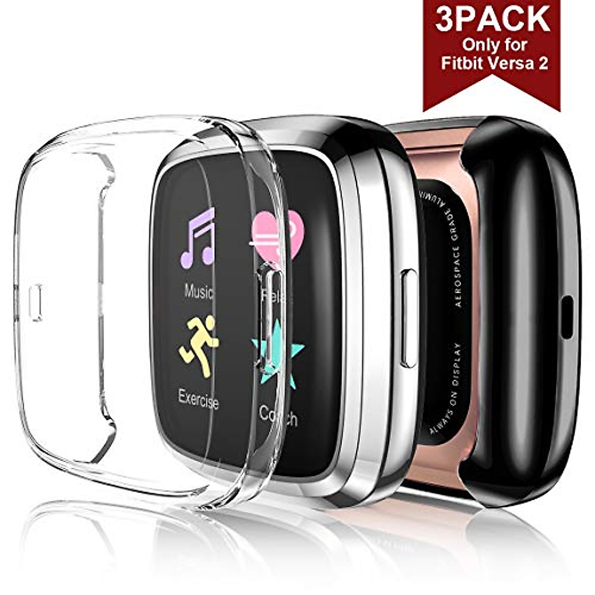 Maledan Screen Protector Case Compatible with Fitbit Versa 2 Smartwatch, 3 Pack Full Protective Case Cover Scratch Resistant Shock Absorbing for Versa 2 Accessories, Clear/Black/Silver