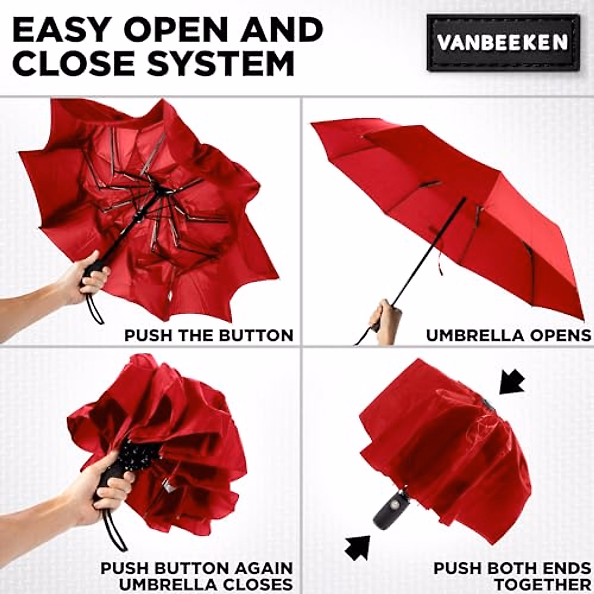 VAN BEEKEN Automatic Open and Close Umbrella, Red, for Men and Women