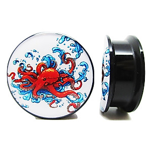 Red Octopus Ear Plugs - Acrylic Screw-On - 10 Sizes - Brand NewPair (13/16" (20mm))