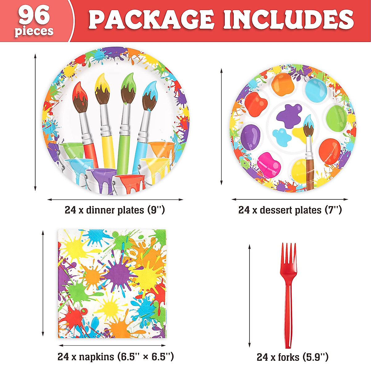 DECORLIFE Paint Party Supplies Serve 24, Paint Party Decorations Plates and Napkins Sets, Art Birthday Party Decorations for Kids Adults, 96 PCS
