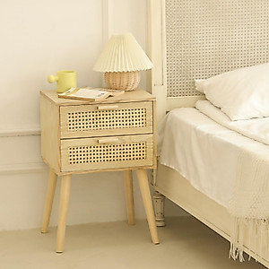 AWASEN Rattan NightStand Set 2, Nightstand Set of 2 with Drawers, Bedside Table with Storage and Solid Wood legs, Rattan Side Table End Table for Bedroom (Natural)