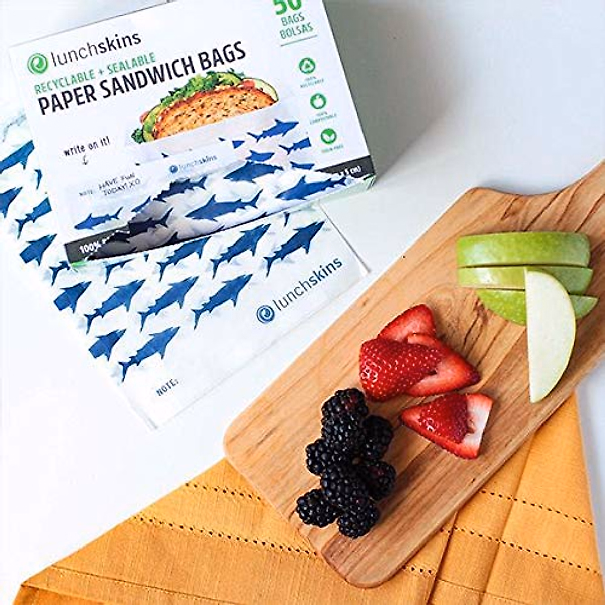 Lunchskins Recyclable & Sealable Food Storage Sandwich Bags, Shark Design, 50 Bags - Eco-Friendly, Made Without PFAS and BPA