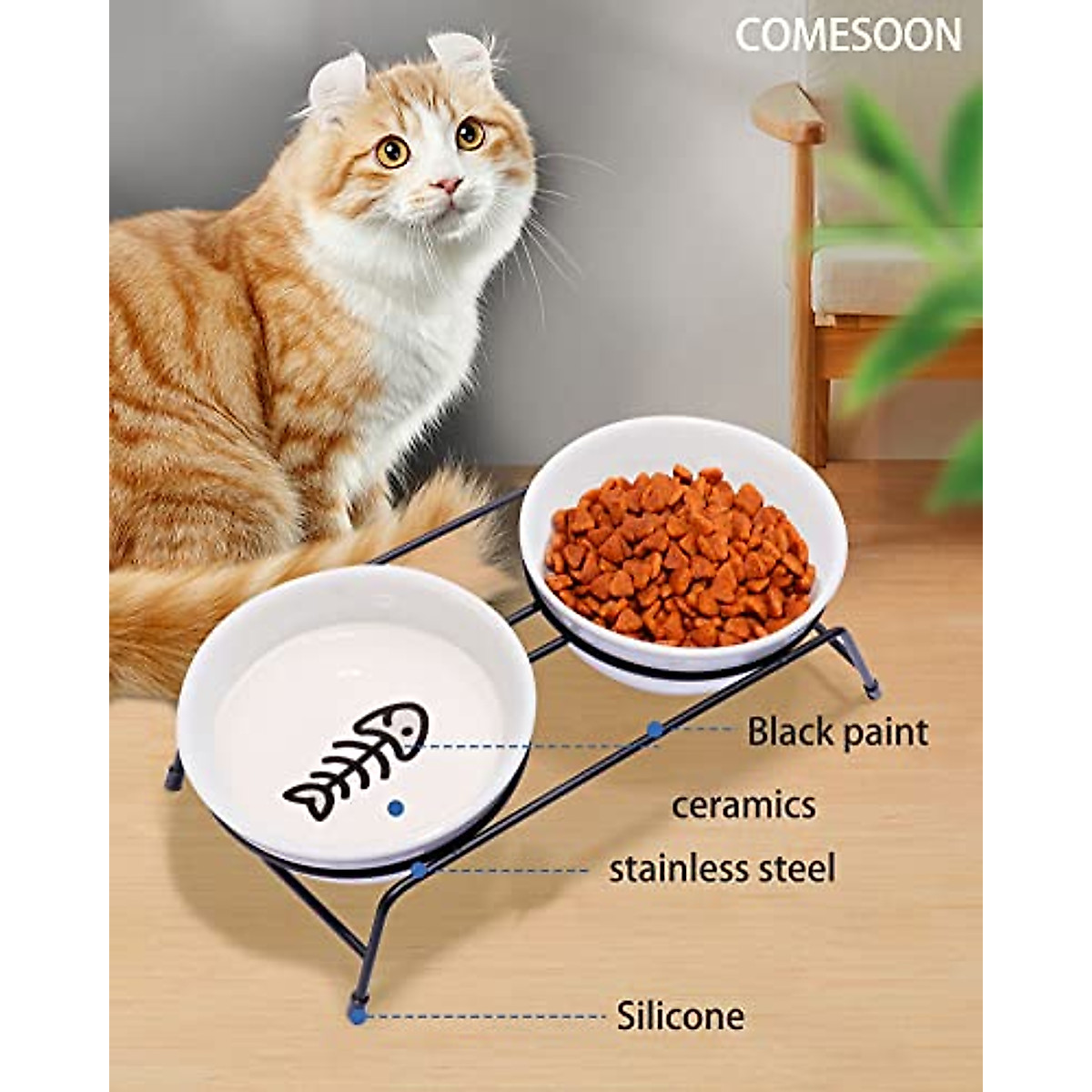 Cat Bowls, Upgraded 13 oz Ceramic Elevated Cat Food Bowls for Food and Water, Raised 2 Cat Dishes with Stainless Steel Stand Non-Slip and Anti-Rust, for Indoor Cats and Small Dog Bowl, Dishwasher Safe