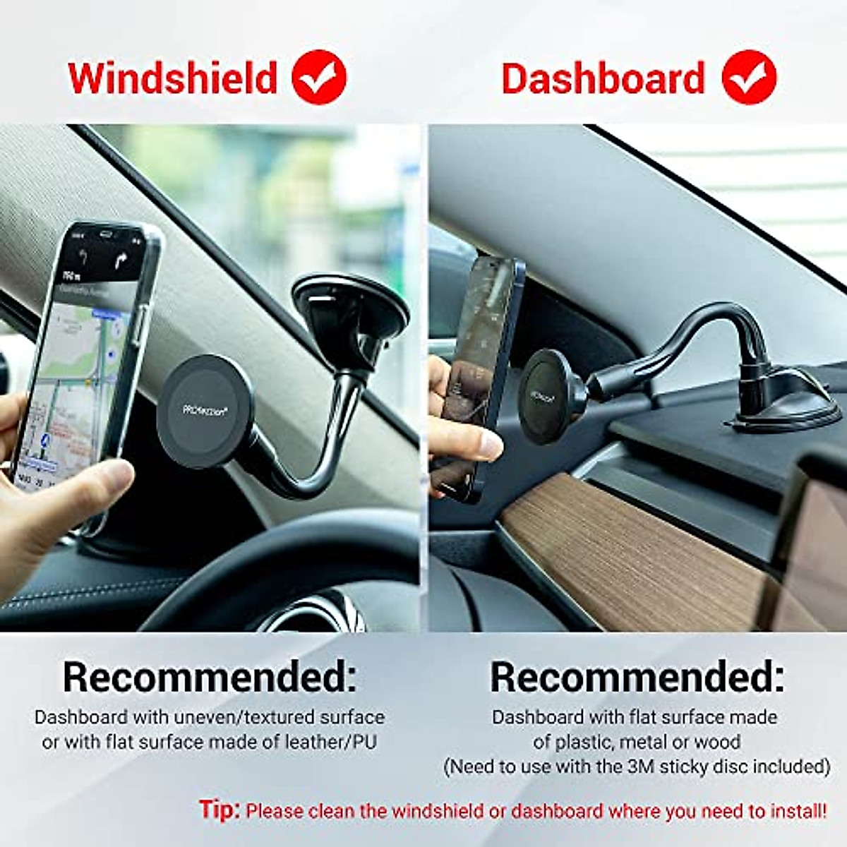 PROfezzion Suction Cup & Vent Clip Combo Magnetic Phone Holder Compatible with MagSafe on Car Windshield, Dash or Vent for iPhone 15 14 13 12 Pro Max Plus, Mag-Safe Case & All Phones [Aluminum Rod]