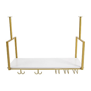 Fetcoi Rustic Ceiling Wine Glass Rack, 31.5 inch Hanging Metal Wine Rack with Glass Holder, Mug Holder and Shelf, Metal Ceiling Bar Wine Glass Rack for Bar Cafe Kitchen Restaurant, Gold