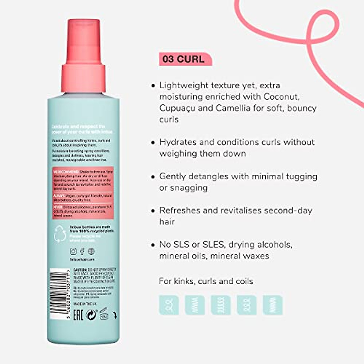 Imbue Leave-In Conditioning Spray for Curly Hair, 6.7 fl oz, Coconut Oil - Frizz Control, Leave in Conditioner for Dry, Damaged Curls, Curly Girl Compliant, Vegan