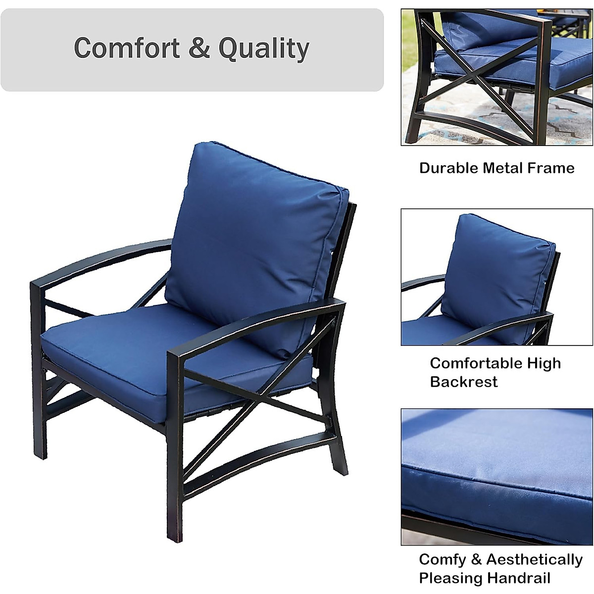LOKATSE HOME 3 Piece Outdoor Patio Chairs Set with Table, Bistro Furniture Metal with Cushions, Blue