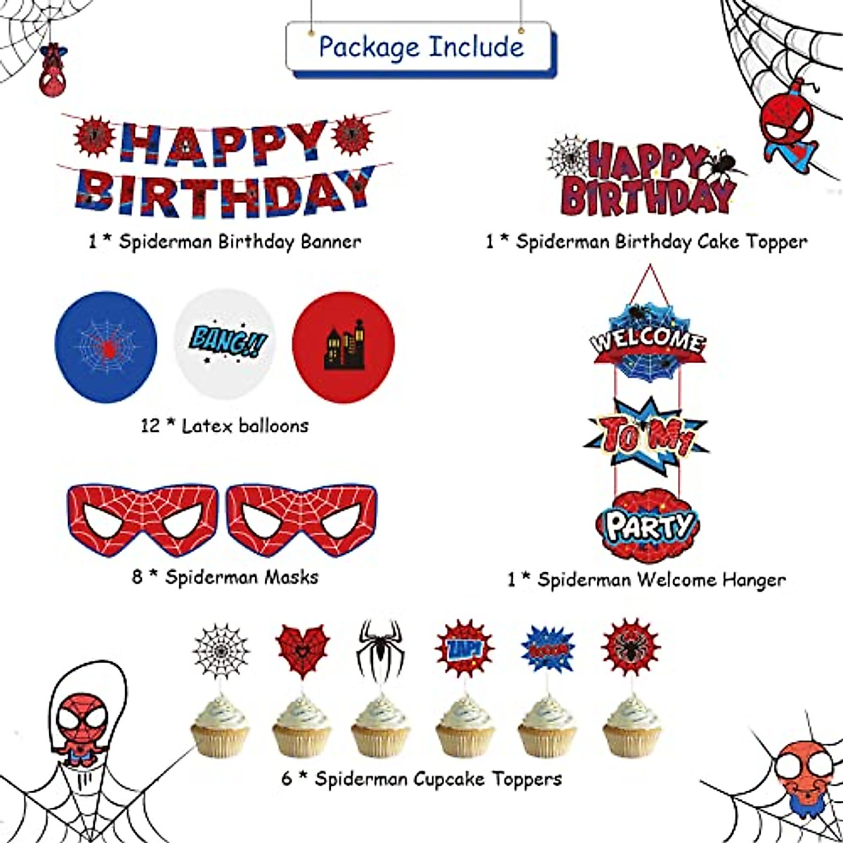 CrzPai Spiderman Birthday Party Decorations Superhero Themed Party Supplies Favors With Banner, Welcome Hanger, Toy Masks, Cake Toppers and Latex Balloons