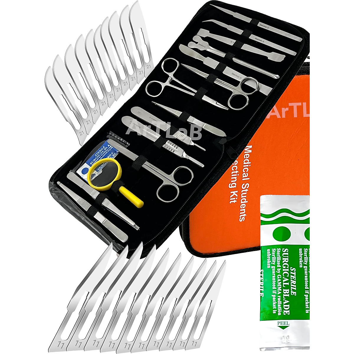 New Premium Stainless Steel Biology Lab/Anatomy/Medical Student Dissection Kit Set - Scalpel Knife Handle,Blades, Forceps, Scissors and Tweezers- Medical Students and Veterinary (Set of 34 Each)