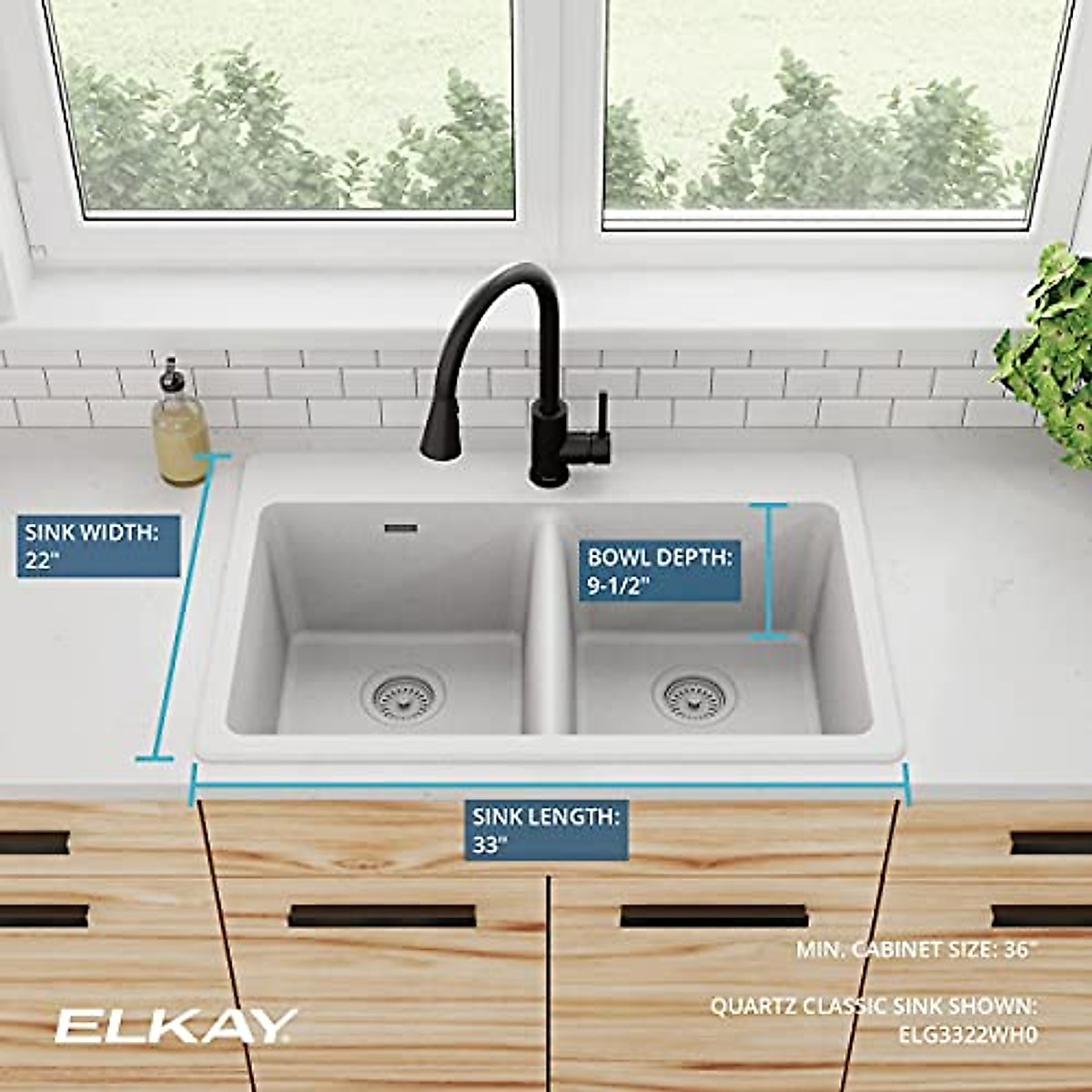 Elkay Quartz Classic ELG3322WH0 White Equal Double Bowl Top Mount Sink